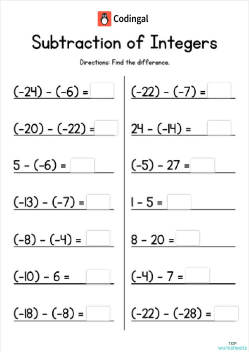 M_G08T01_WC02_Subtraction of Integers. Interactive worksheet | TopWorksheets