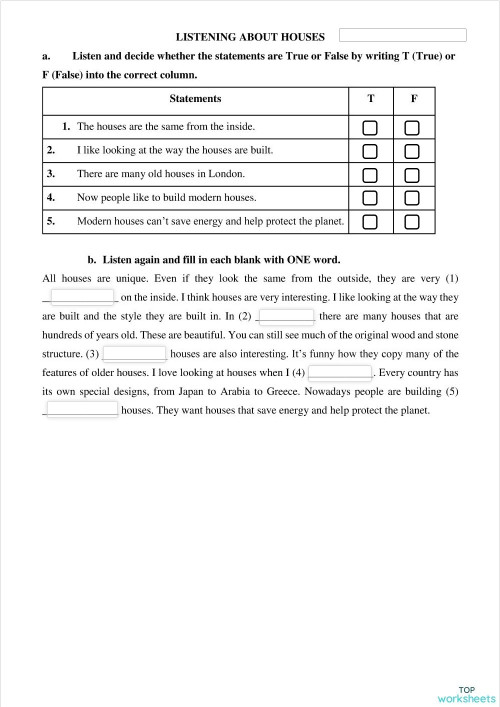 Listening about houses. Interactive worksheet | TopWorksheets