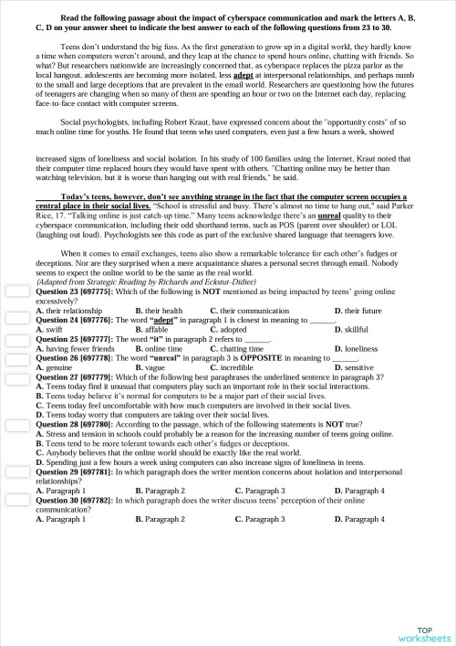 READING MULTIPLE CHOICE 18. Interactive worksheet | TopWorksheets