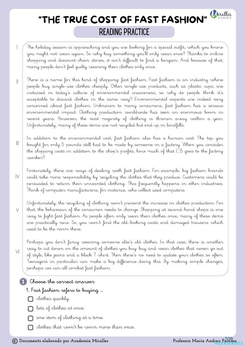 Reading "The true cost of fast fashion". Interactive worksheet ...