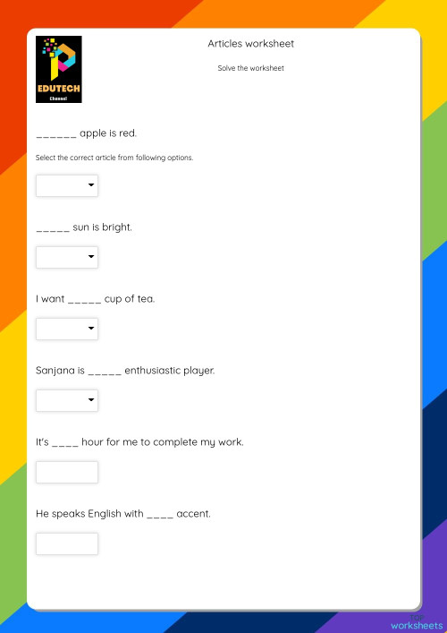 Articles worksheet. Interactive worksheet | TopWorksheets