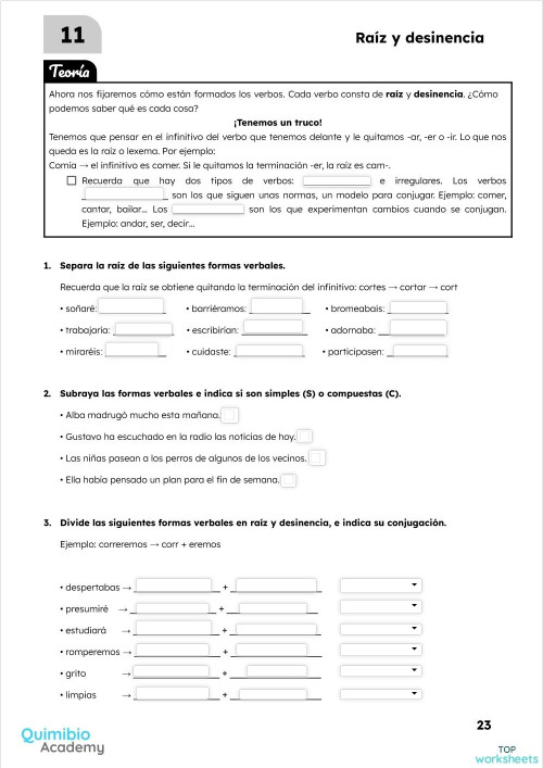raíz/lexema y desinencia verbal. Ficha interactiva | TopWorksheets