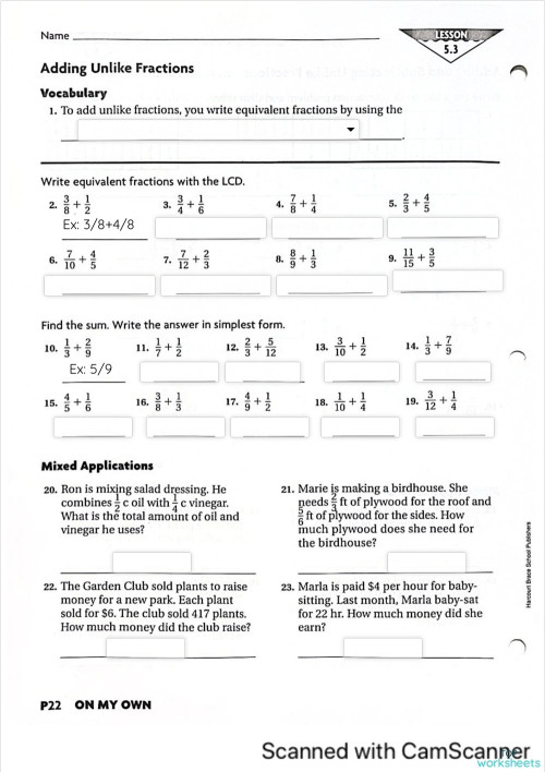 Lesson 5.3 Adding Unlike Fractions (6th). Interactive worksheet ...