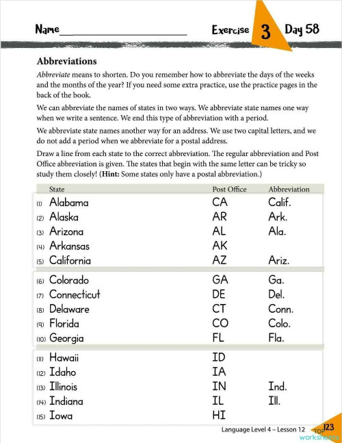 Lesson 12: Abbreviations Pg 123-125 Ex 3. Interactive worksheet ...