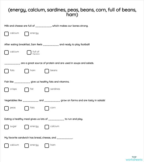 (energy, calcium, sardines, peas, beans, corn, full of beans, ham ...