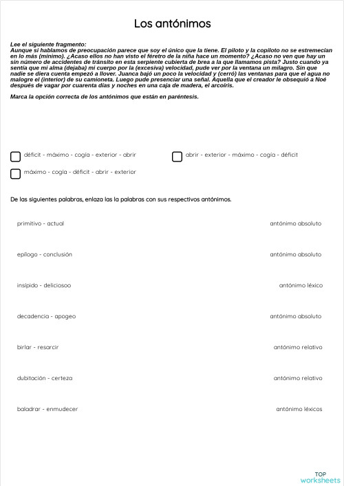 Los antónimos. Ficha interactiva | TopWorksheets
