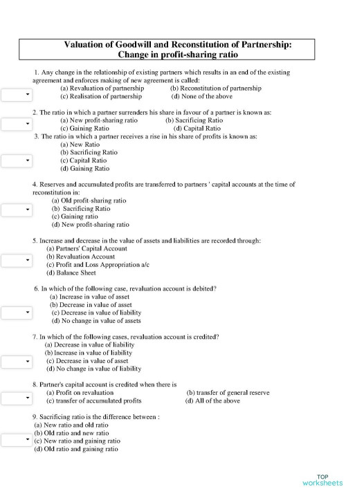 TEST ON GOODWILL & CHANGE IN PSR. Interactive worksheet | TopWorksheets