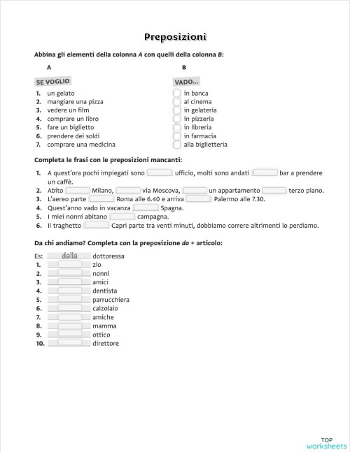 Preposizioni. Scheda interattiva | TopWorksheets