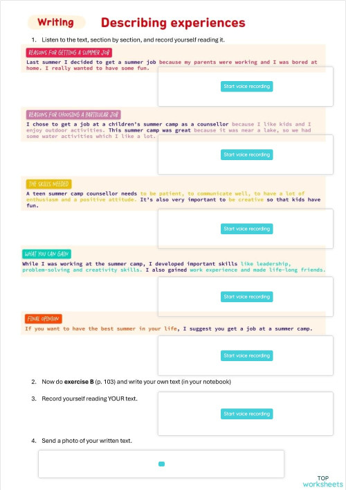 9 Describing Experiences (Page 103). Interactive worksheet | TopWorksheets