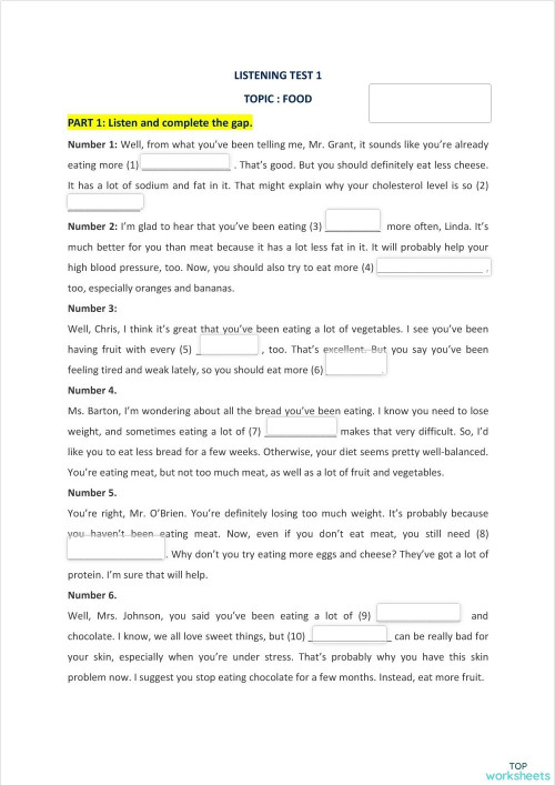 LISTENING TEST - TOPIC: FOOD. Interactive worksheet | TopWorksheets