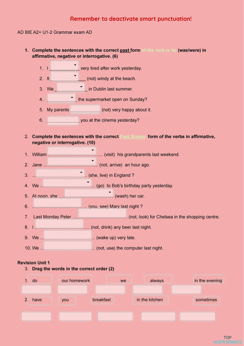 AD BIE A2+ U1-2 Grammar. Interactive worksheet | TopWorksheets