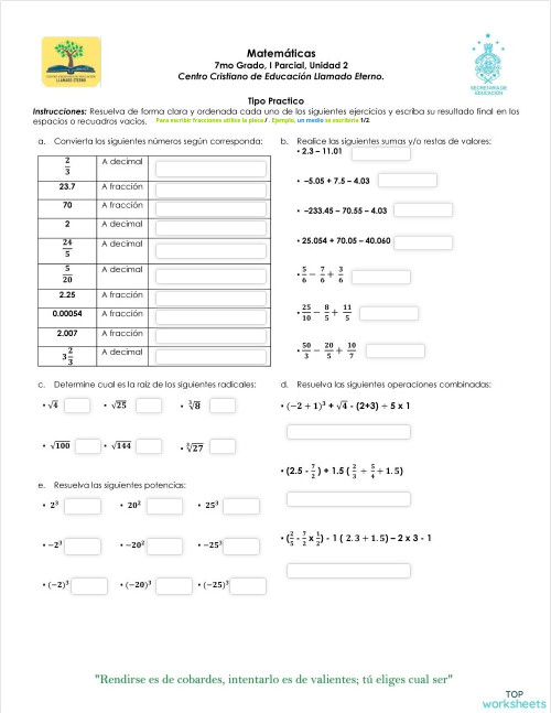 Operaciones con numeros Reales. Ficha interactiva | TopWorksheets