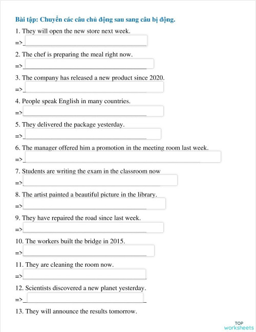 Bài tập câu bị động 3. Interactive worksheet | TopWorksheets