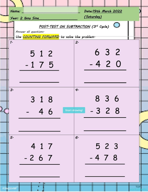 Post test 3 Subtraction. Interactive worksheet | TopWorksheets