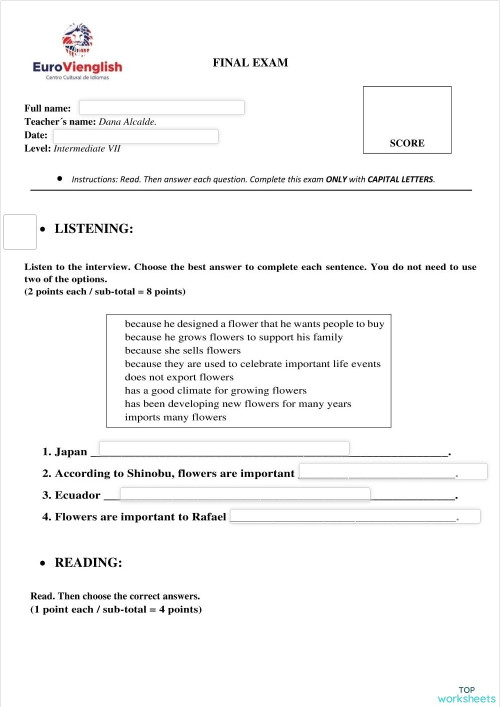 FINAL TEST - I7WE. Interactive worksheet | TopWorksheets