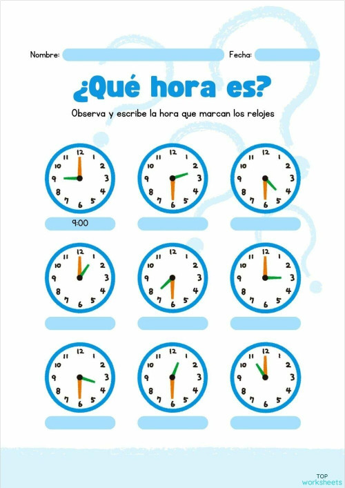 Hoja de Trabajo Qué Hora Es Simple Azul. Ficha interactiva | TopWorksheets