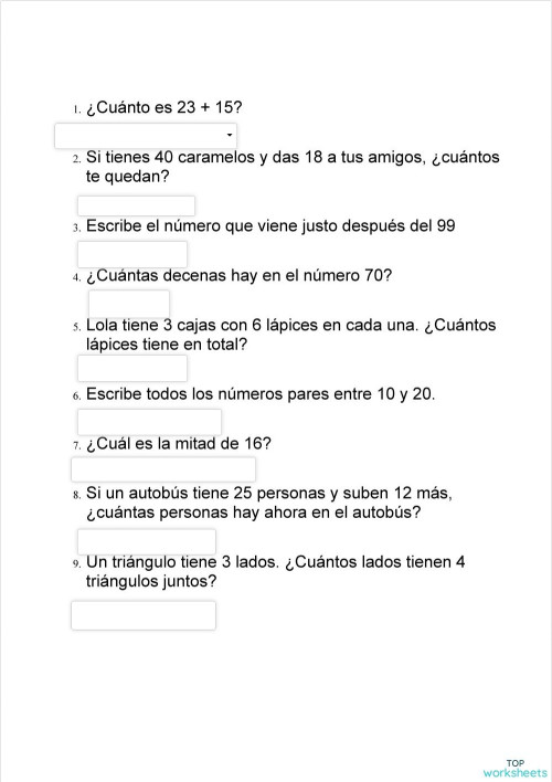 PREGUNTAS MATES. Ficha interactiva | TopWorksheets