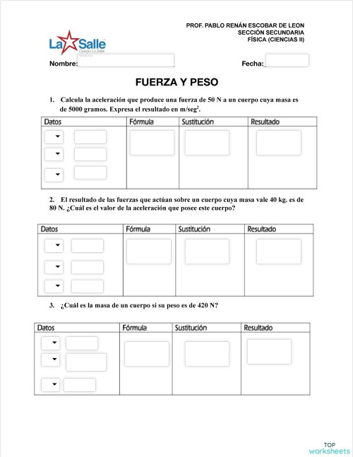 Fuerza y Peso. Ficha interactiva | TopWorksheets