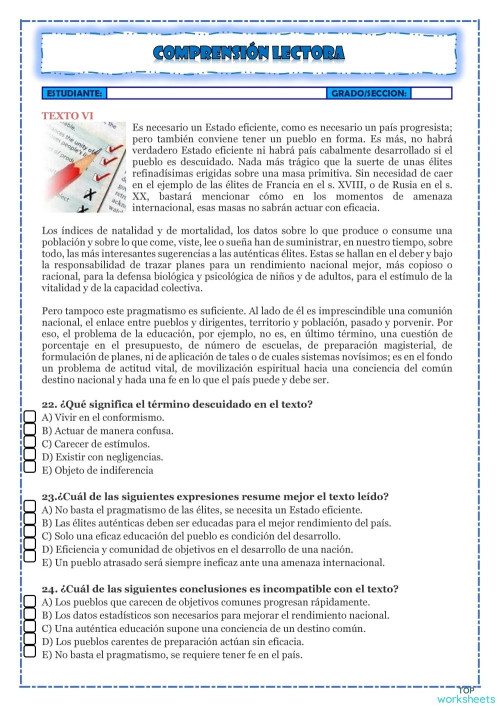 COMPRENSIÓN LECTORA. Ficha interactiva | TopWorksheets