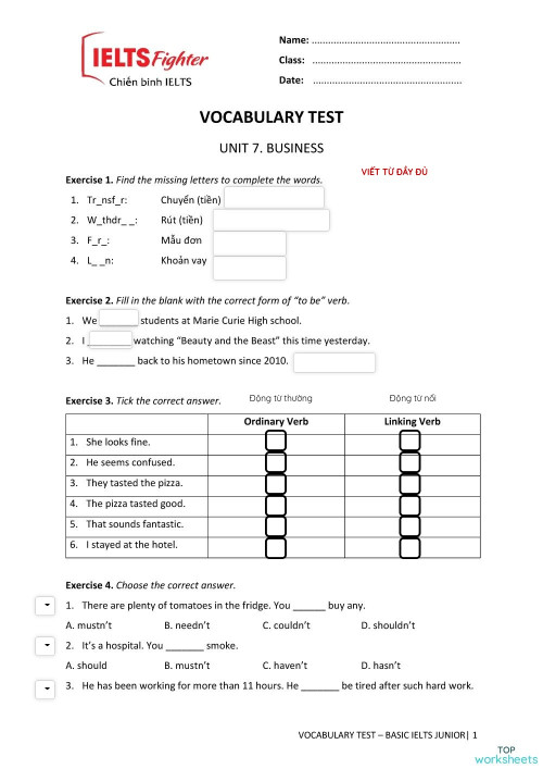 VOCAB TEST - UNIT 7. Interactive worksheet | TopWorksheets
