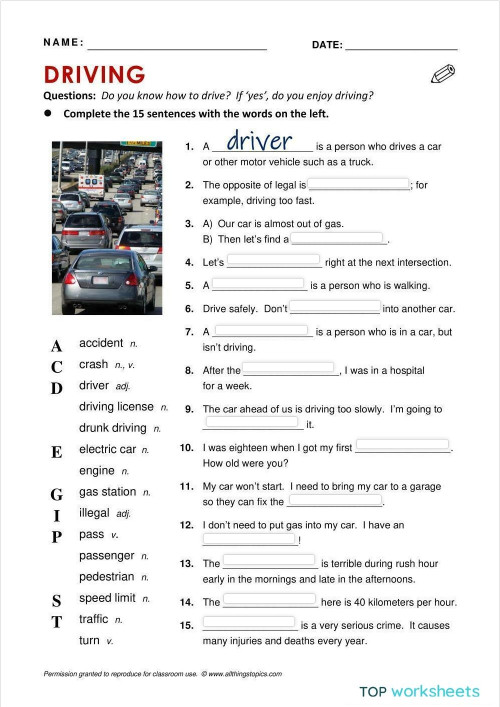 Driving Vocabulary. Interactive worksheet | TopWorksheets