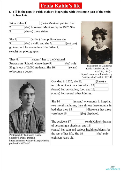 Frida Kahlo's life. Interactive worksheet | TopWorksheets