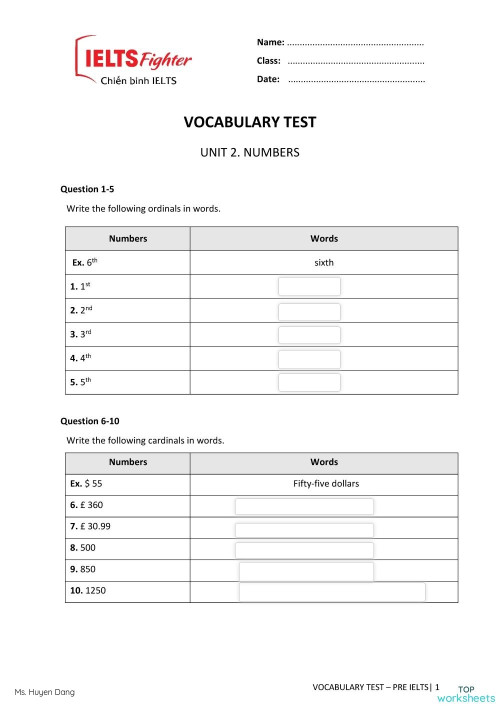 VOCAB TEST 2. UNIT 2. LISTENING. NUMBERS. Interactive worksheet ...