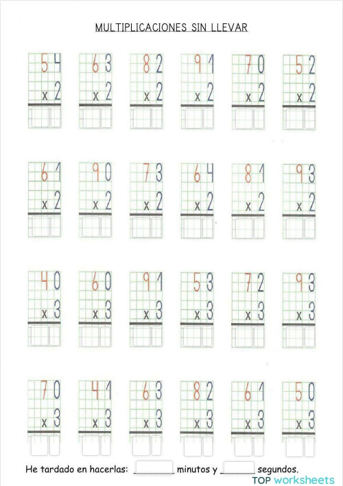 Multiplicaciones sin llevar tablas del 2 y del 3. Ficha interactiva | TopWorksheets