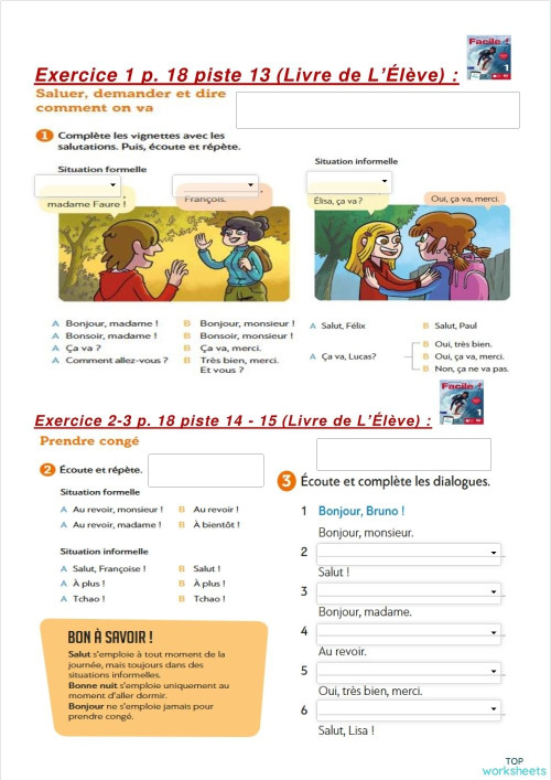Saluer, prendre congé, se présenter et présenter quelqu'un G6. Fiche ...