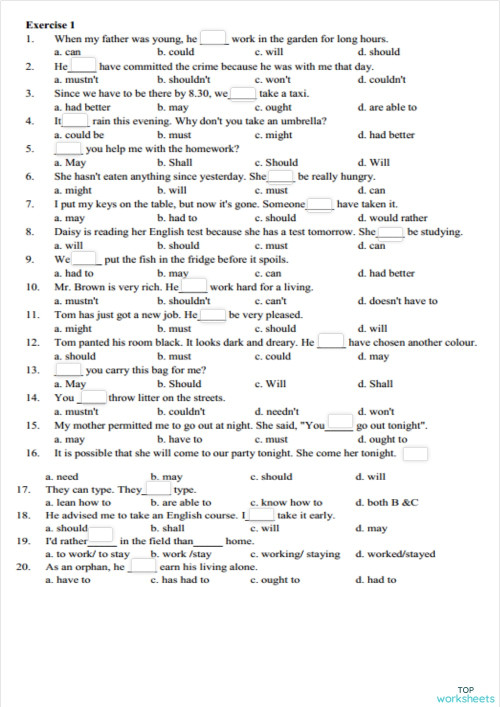 MODAL VERBS 01. Interactive worksheet | TopWorksheets