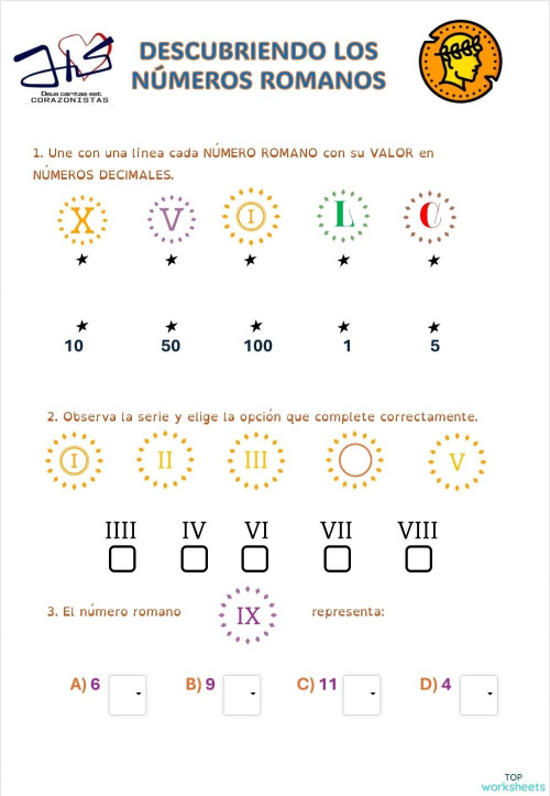 Números romanos. Ficha interactiva | TopWorksheets