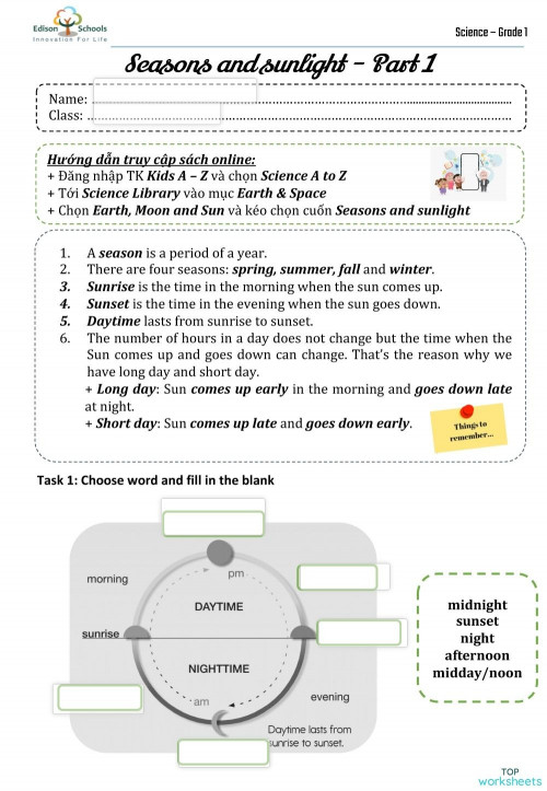 Science 1 - Seasons and sunlight P1. Interactive worksheet | TopWorksheets