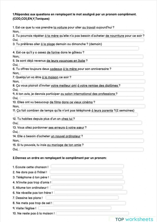 Les pronoms COD-COI-Y-EN. Fiche interactive | TopWorksheets