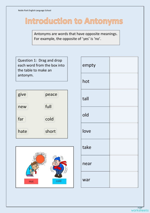 Introduction to Antonyms. Interactive worksheet | TopWorksheets