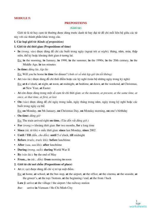 GRADE 9 _ PREPOSITIONS _ GIỚI TỪ. Interactive worksheet | TopWorksheets