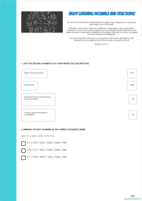 ENJOY LEARNING DECIMALS AND FRACTIONS!. Interactive worksheet ...