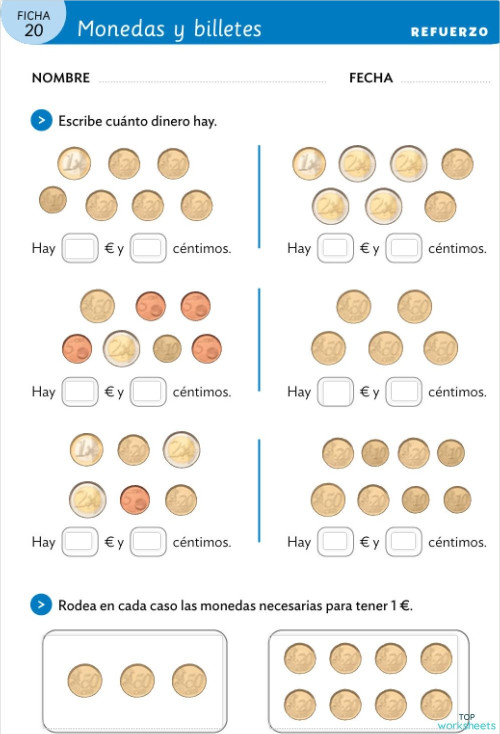 Los euros - monedas y billetes. Ficha interactiva | TopWorksheets