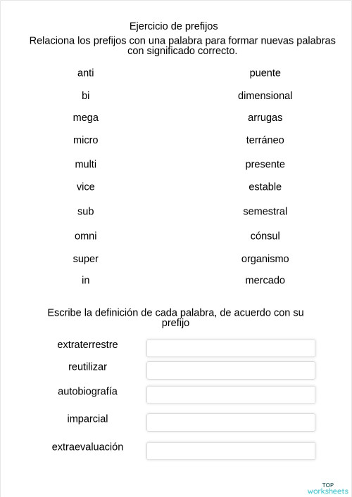 Prefijos y sufijos: fichas interactivas y ejercicios online | TopWorksheets