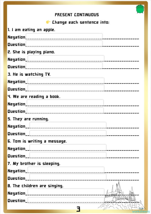 Present continuous-negations/questions. Interactive worksheet ...