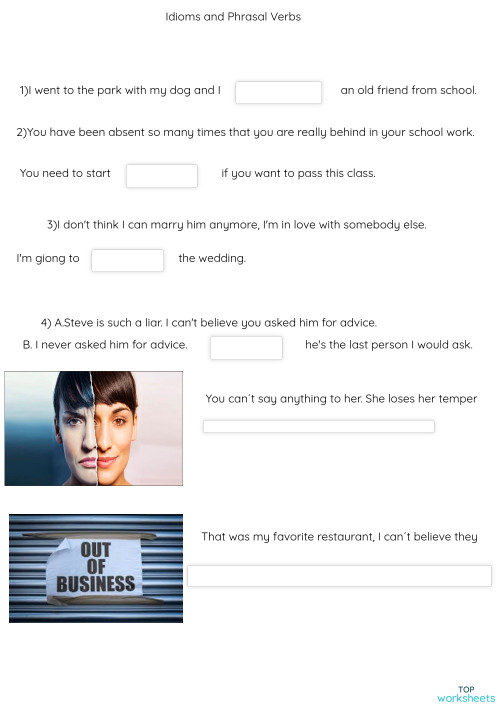 Idioms and phrasal verb test july. Interactive worksheet | TopWorksheets