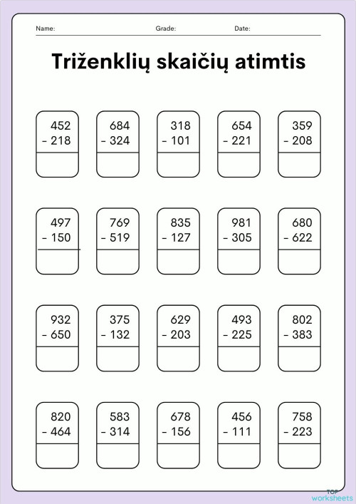 Sudėties ir atimties veiksmai iki 100. Interactive worksheet | TopWorksheets