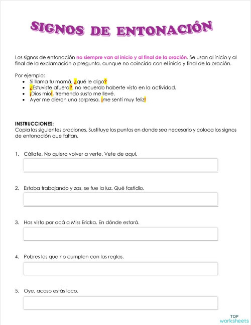 Entonación: fichas interactivas y ejercicios online | TopWorksheets
