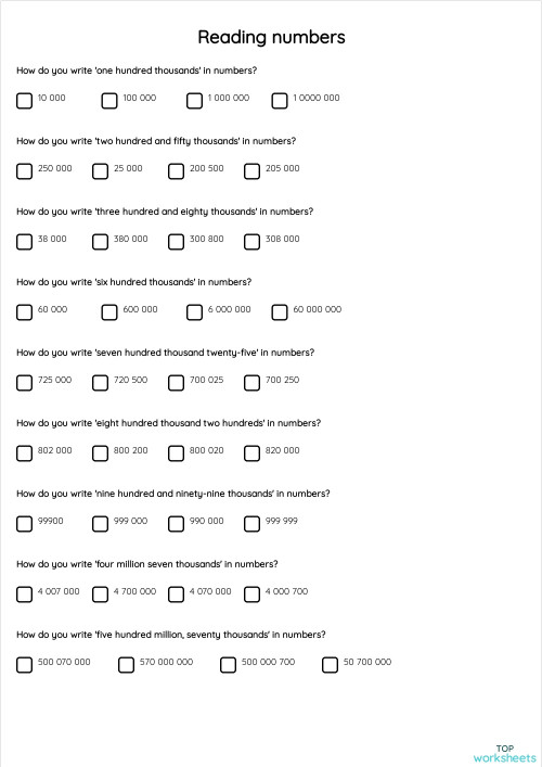 Reading numbers. Interactive worksheet | TopWorksheets