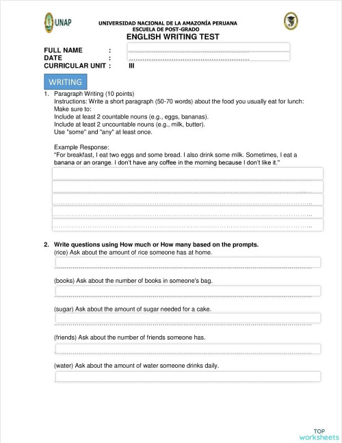 Writng Quiz. Interactive worksheet | TopWorksheets