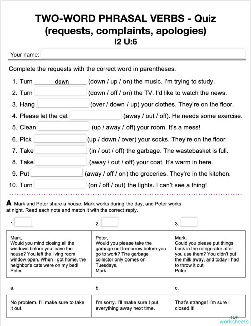 TWO-WORD PHRASAL VERBS - Quiz. Interactive worksheet | TopWorksheets