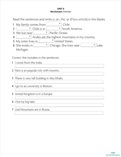 UNIT 4: Articles. Interactive worksheet | TopWorksheets