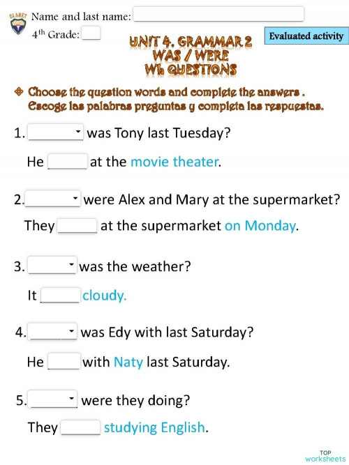 4th G. Unit 4. Grammar 2. Evaluated activity. Interactive worksheet ...