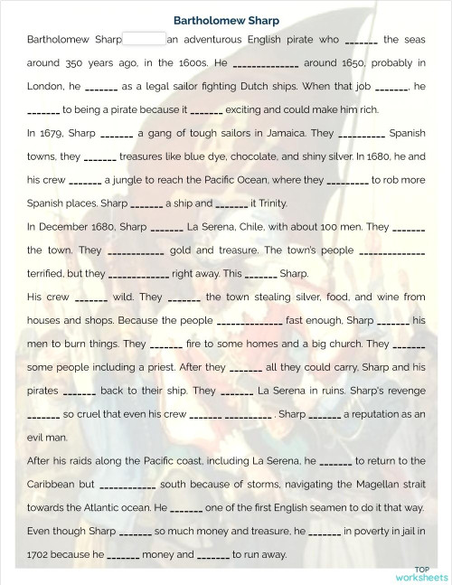 Sharpy, the pirate A2 Simple past tense, past continuous fill in the ...