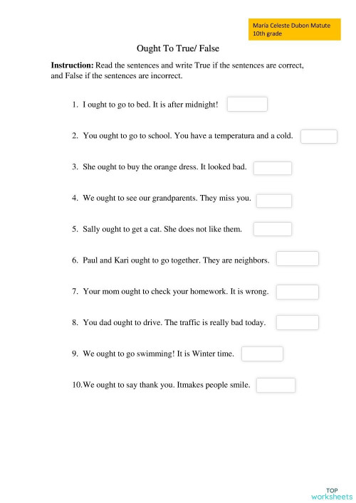ought To/ true or false. Interactive worksheet | TopWorksheets