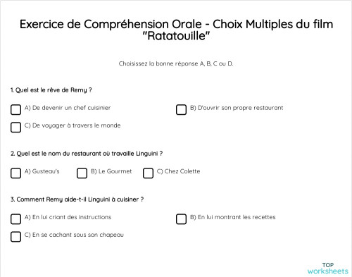 Exercice de la Compréhension Orale : Choix Multiples du film ...